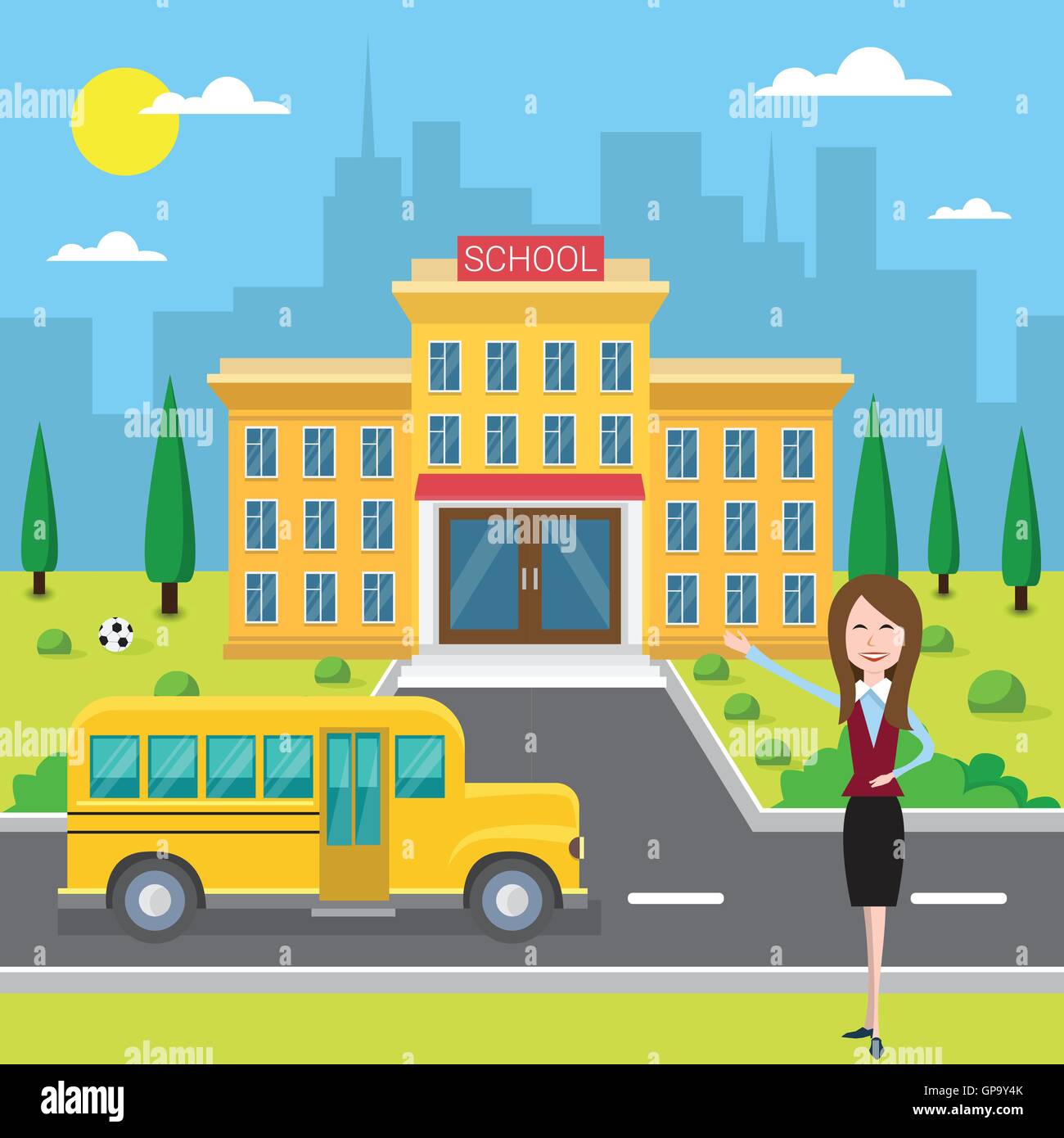 School Building Exterior Teacher Near Yellow Bus Stock Vector Image ...