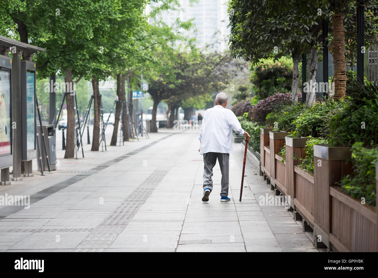 Chengdu, Sichuan Province, China - Feb 5, 2016: Old man walking alone ...