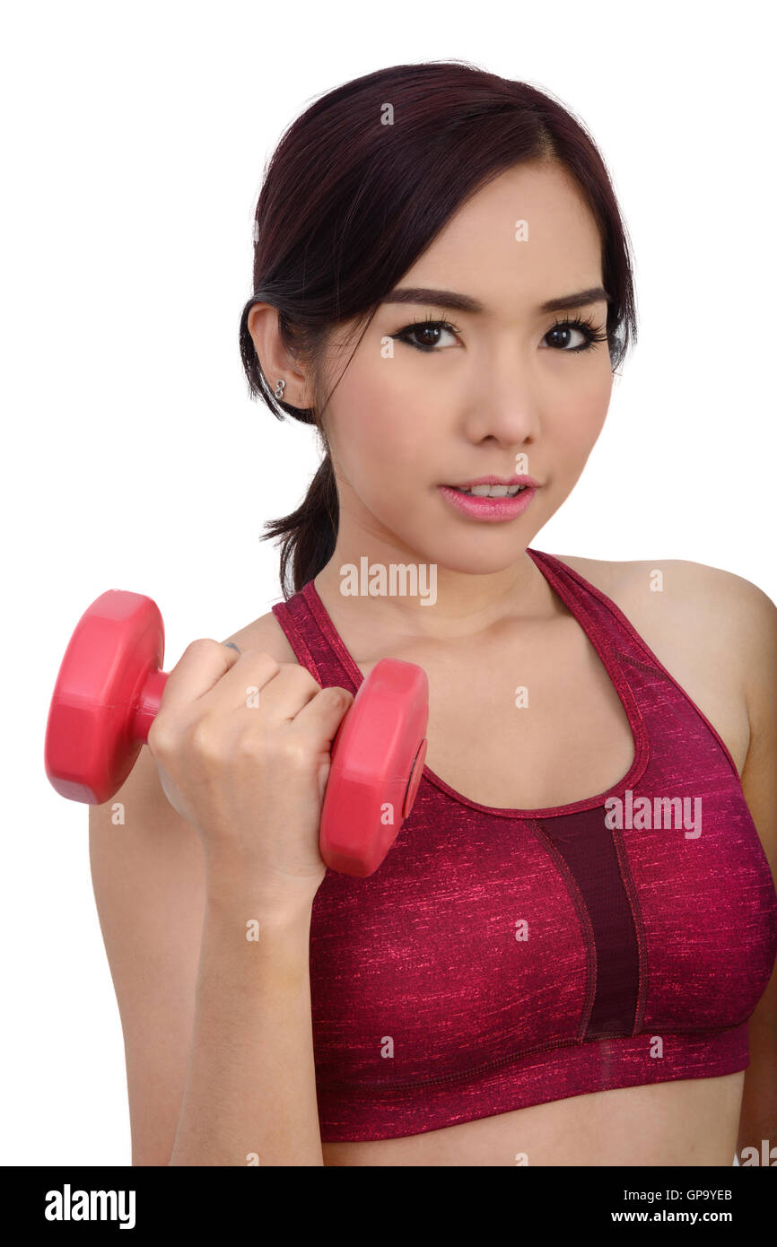 Healthy girl exercise by lift dumbbell in her right hand on white ...