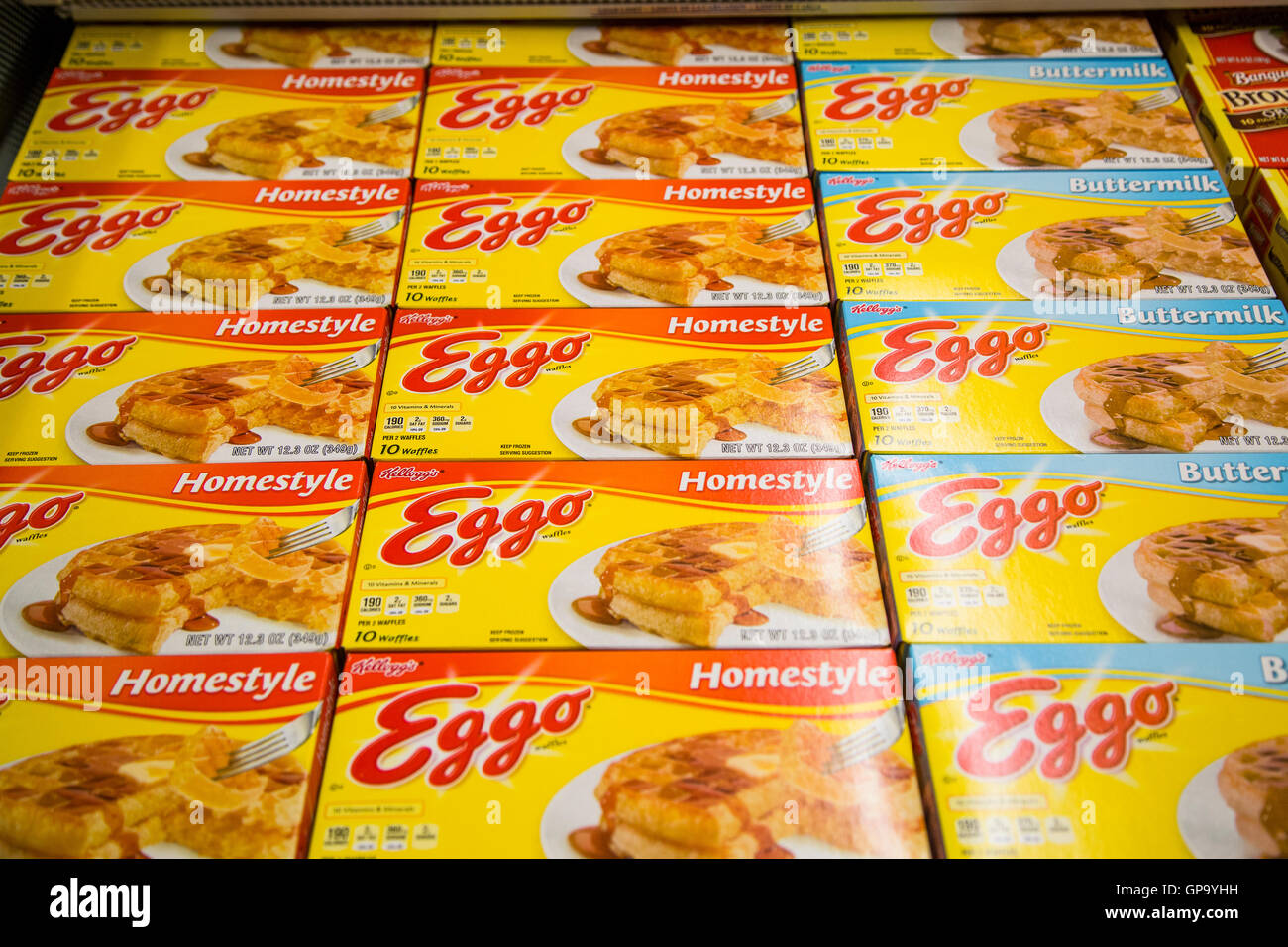 Boxes of Eggo brand frozen waffles in a frozen food case at the grocery ...