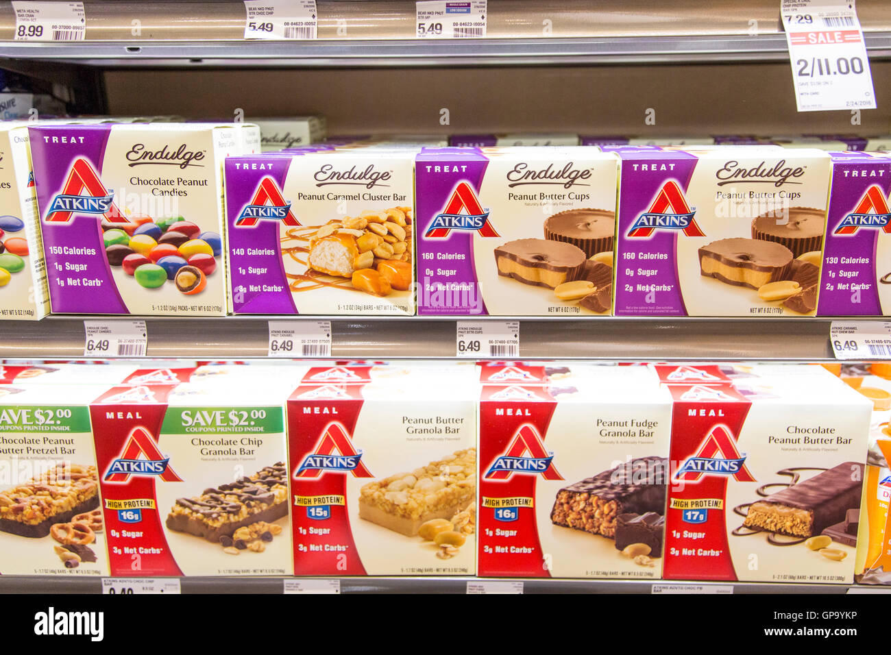 Boxes of Atkins BRand packaged bars on the shelves of a grocery store ...