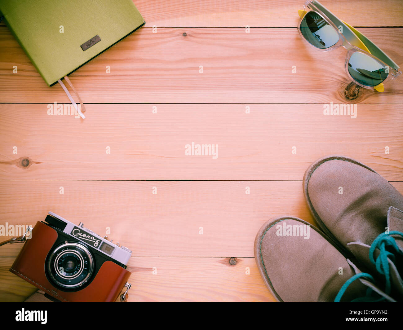 top view set: camera, boots, sunglasses, copyspace Stock Photo - Alamy
