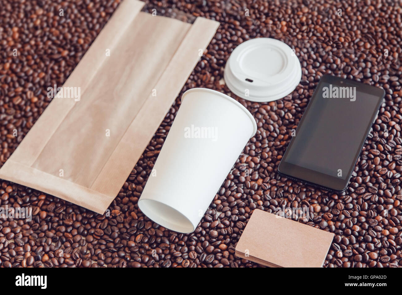 Coffee identity branding mockup set top view Stock Photo - Alamy