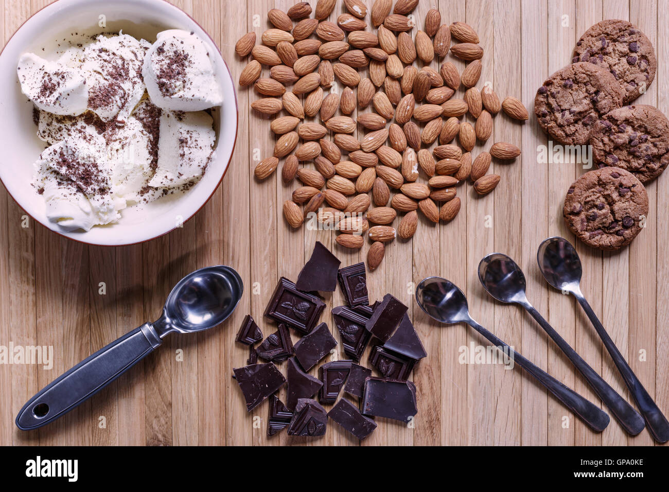Sweet ice-cream desert with nuts and chocolate Stock Photo - Alamy