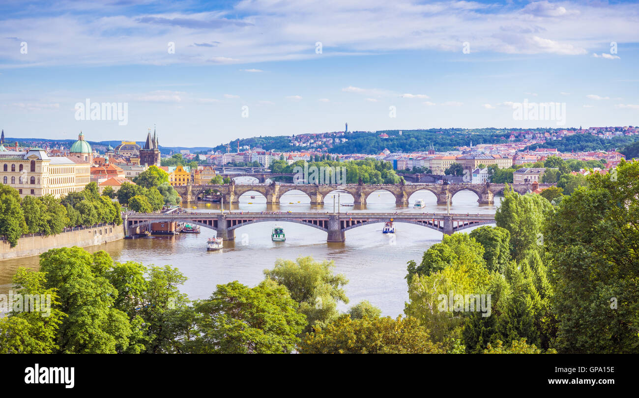 View of the main bridges of the Vltava river in Prague, Czech Republic ...