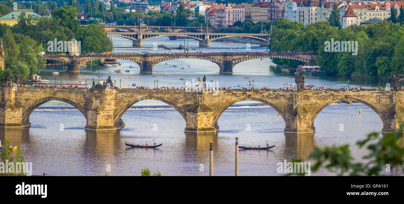 View of the main bridges of the Vltava river in Prague, Czech Republic ...