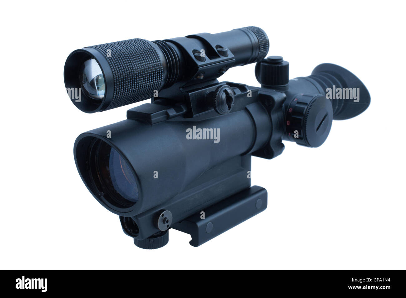 Flashlight and rifle scope used for work that is up close Stock Photo ...