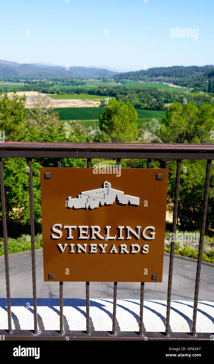 The sign of Sterling Vineyards winery with the Napa Valley view and ...
