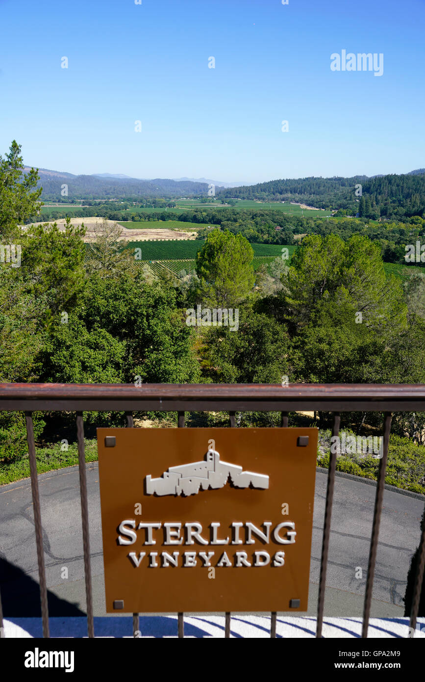 The sign of Sterling Vineyards winery with the Napa Valley view and ...