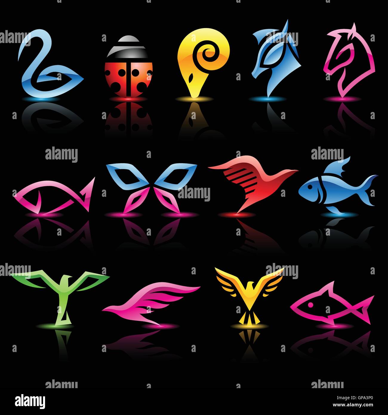 Vector illustration of colorful abstract animal icons on a black ...