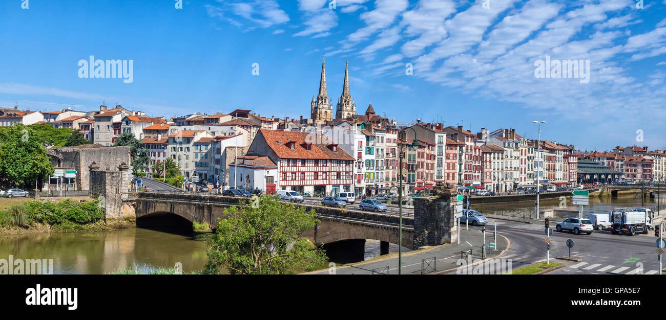 Panorama of Bayonne with bridge Pont du Genie across the Nive river on ...