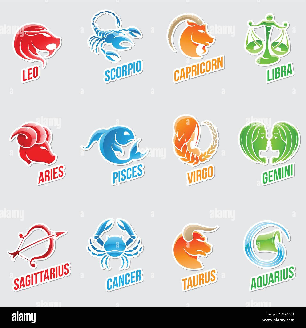Vector Illustration of Zodiac Star Signs with Sticker like Designs ...