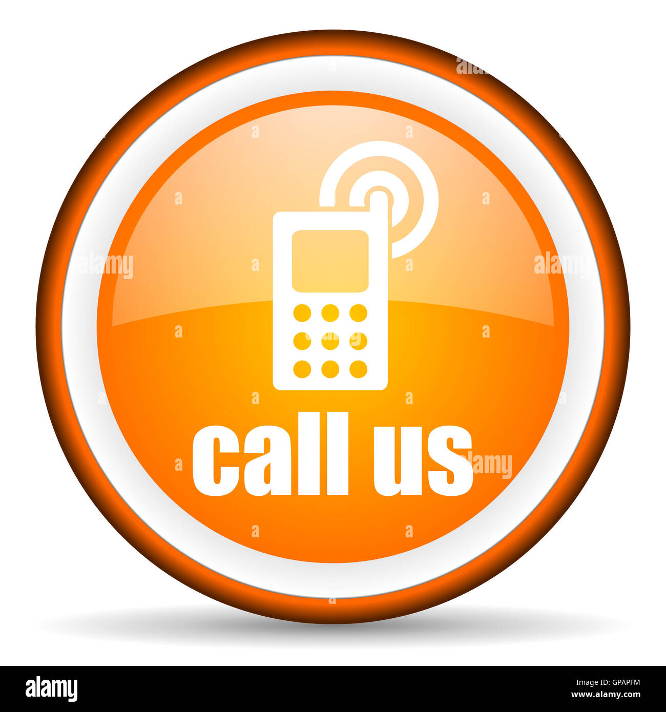 call us orange glossy circle icon on white background Stock Photo - Alamy