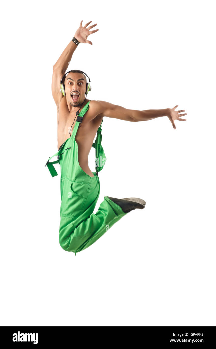 Construction worker jumping and dancing Stock Photo - Alamy