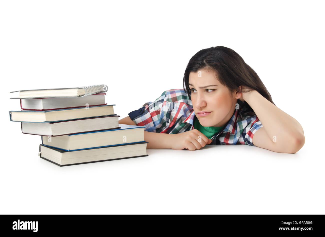 Tired student with textbooks on white Stock Photo - Alamy