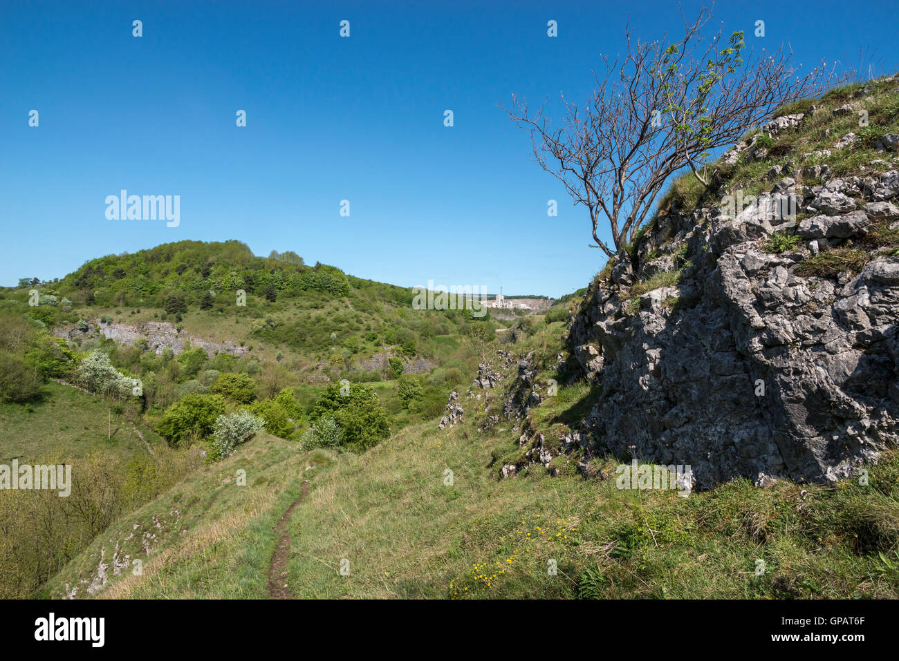 Footpath with views of Wye dale and great rocks dale near Buxton in ...