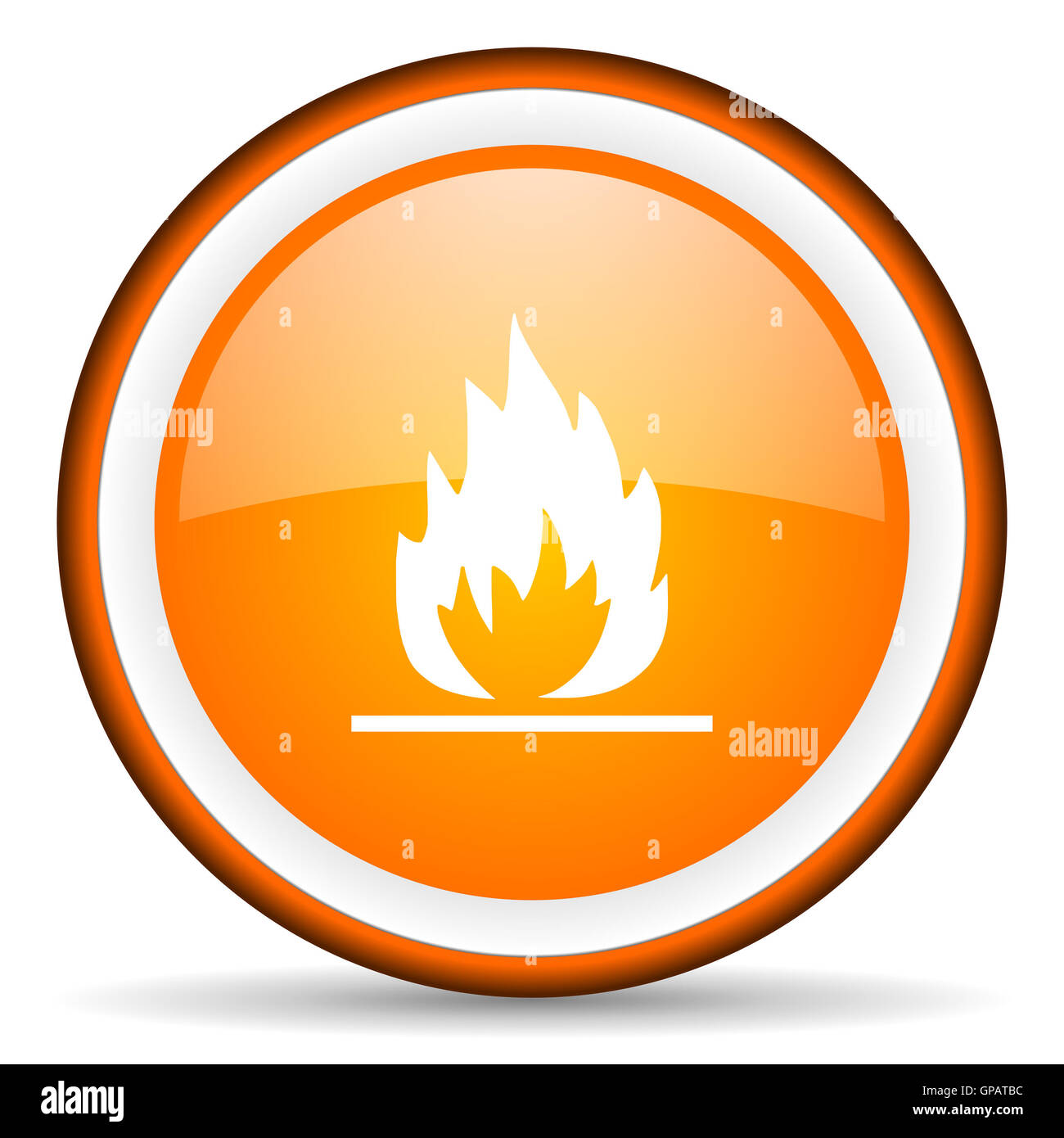 flames orange glossy circle icon on white background Stock Photo - Alamy