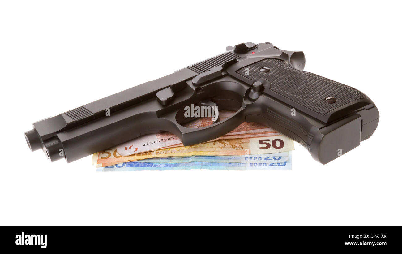 Semi-automatic gun with some euro bills isolated Stock Photo - Alamy