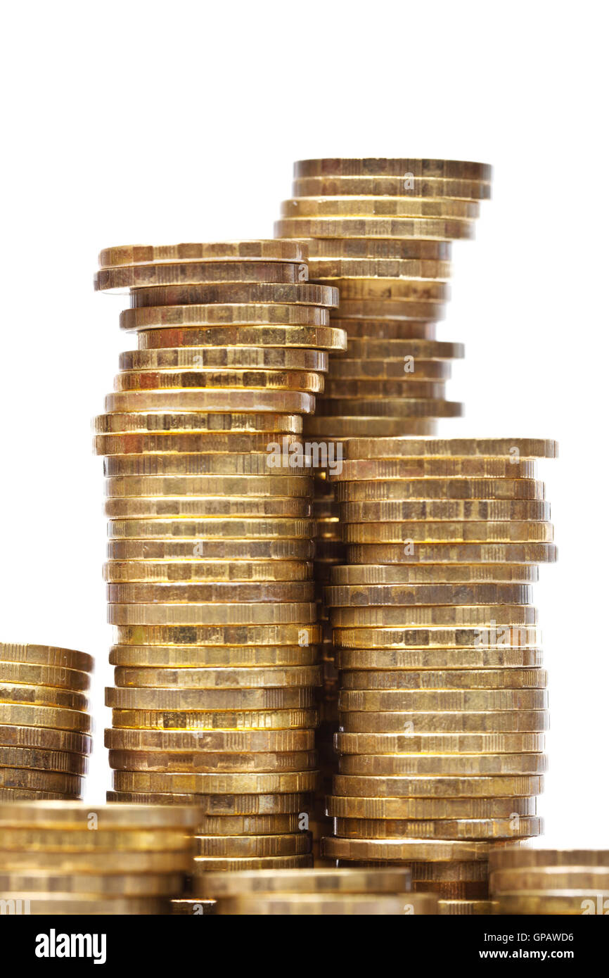 Golden coins stacks close up Stock Photo - Alamy