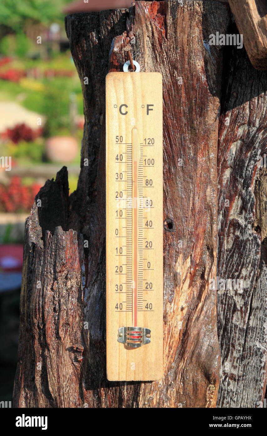 Thermometer on the wooden and high temperatures Stock Photo - Alamy