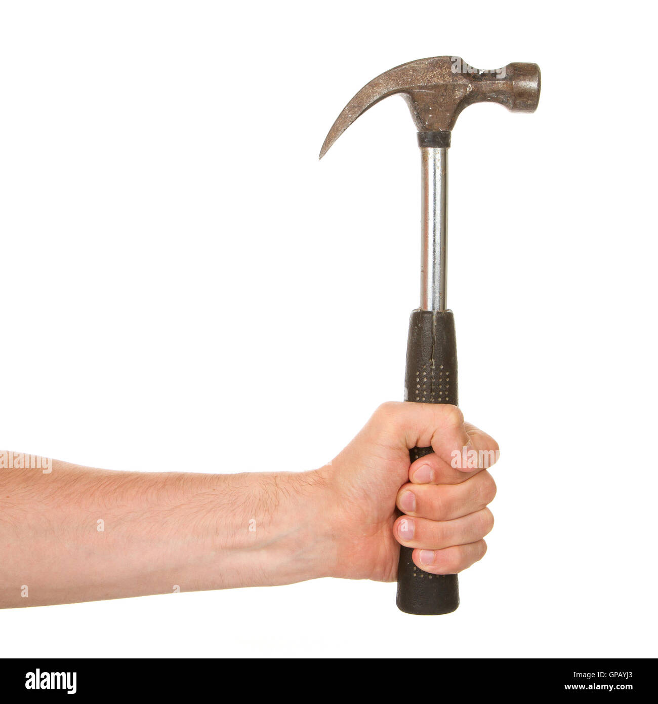 Man holding a old metal hammer Stock Photo - Alamy