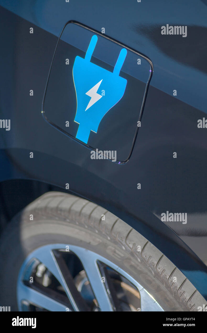 Close up shot of an electricity sign on an electric car's lid Stock ...