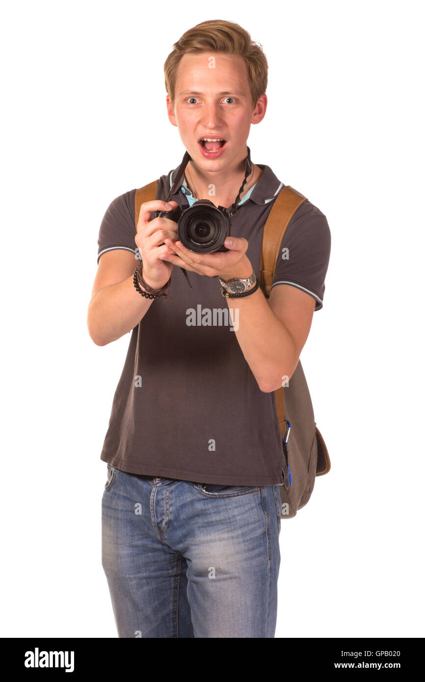 Closeup portrait of a young man taking a picture from corner over white ...