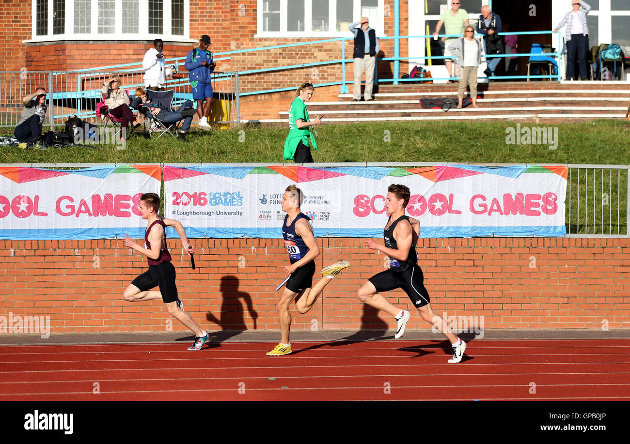 Action from the boys 4 x 400m relay during the Athletics on day two of ...