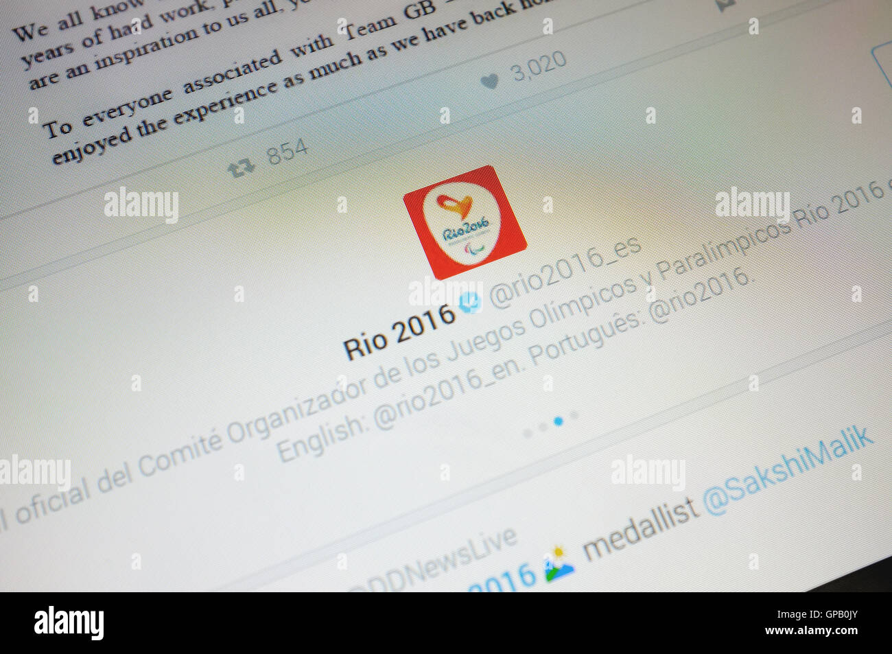 An image of the profile page of Rio 2016 on Twitter Stock Photo - Alamy
