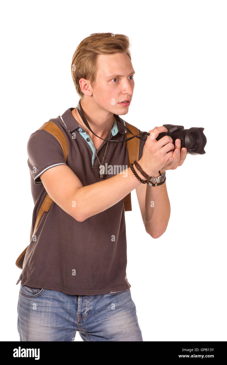 Closeup portrait of a young man taking a picture from corner over white ...