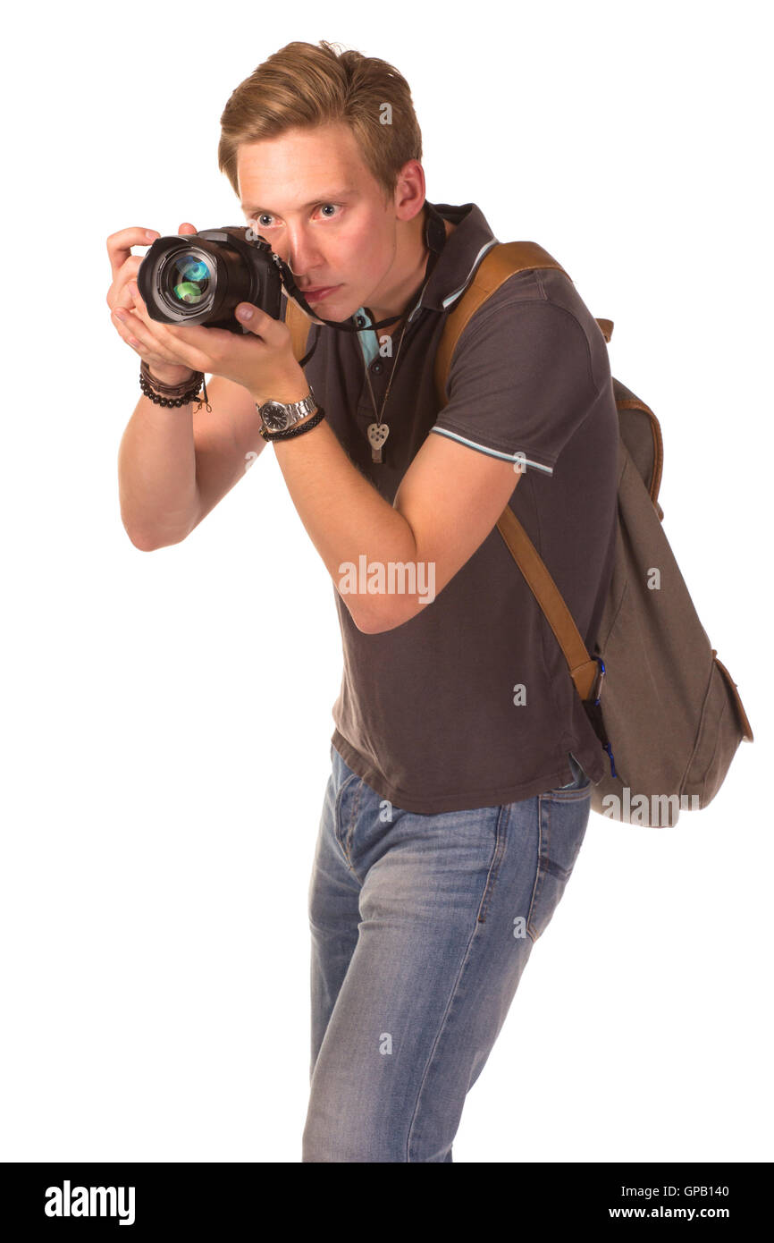 Closeup portrait of a young man taking a picture from corner over white ...