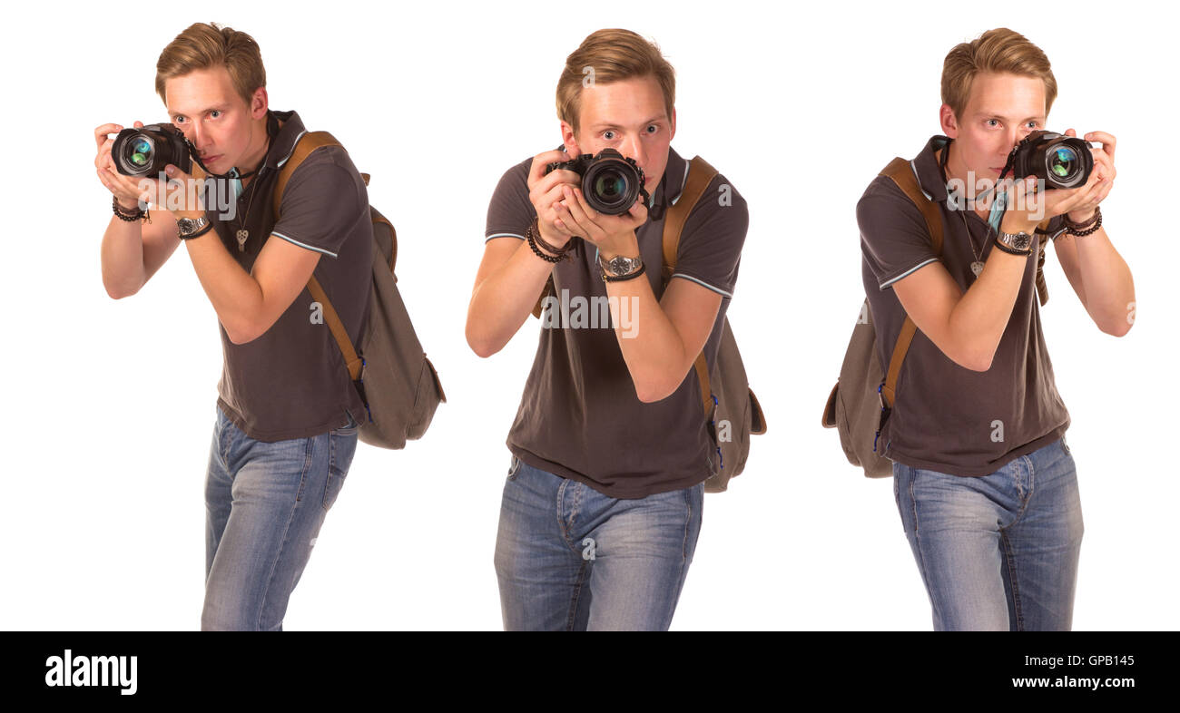 Closeup portrait of a young man taking a picture from corner over white ...