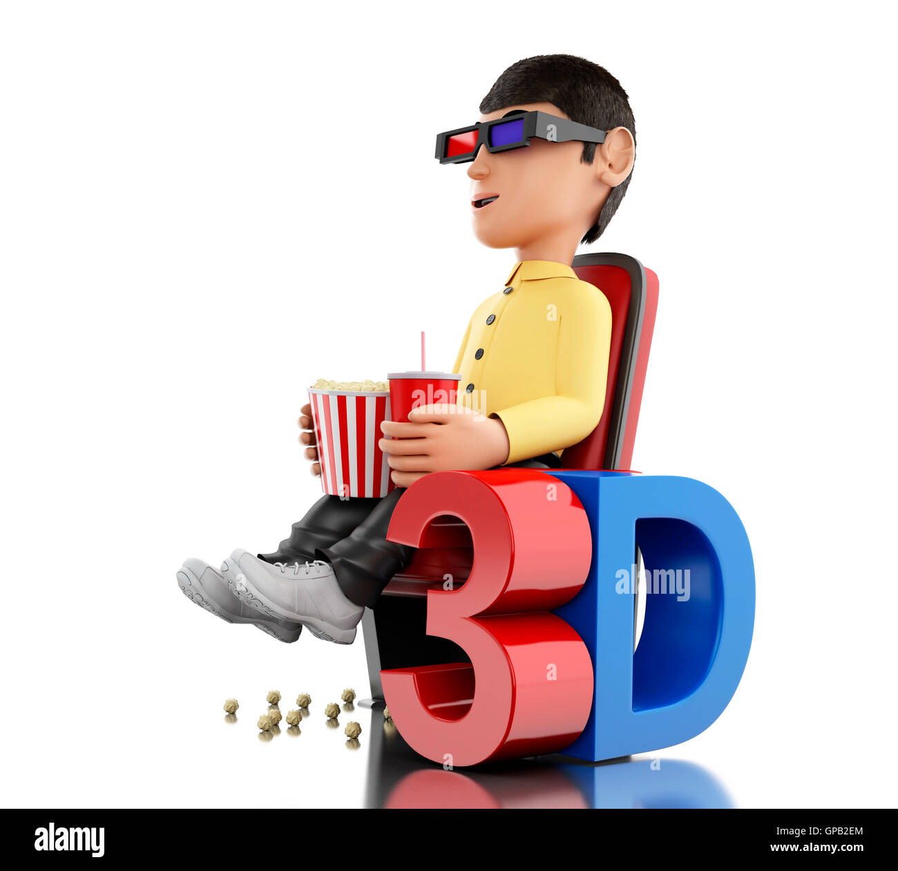 3d Illustration. Man in the cinema and eating popcorn with 3D glasses ...