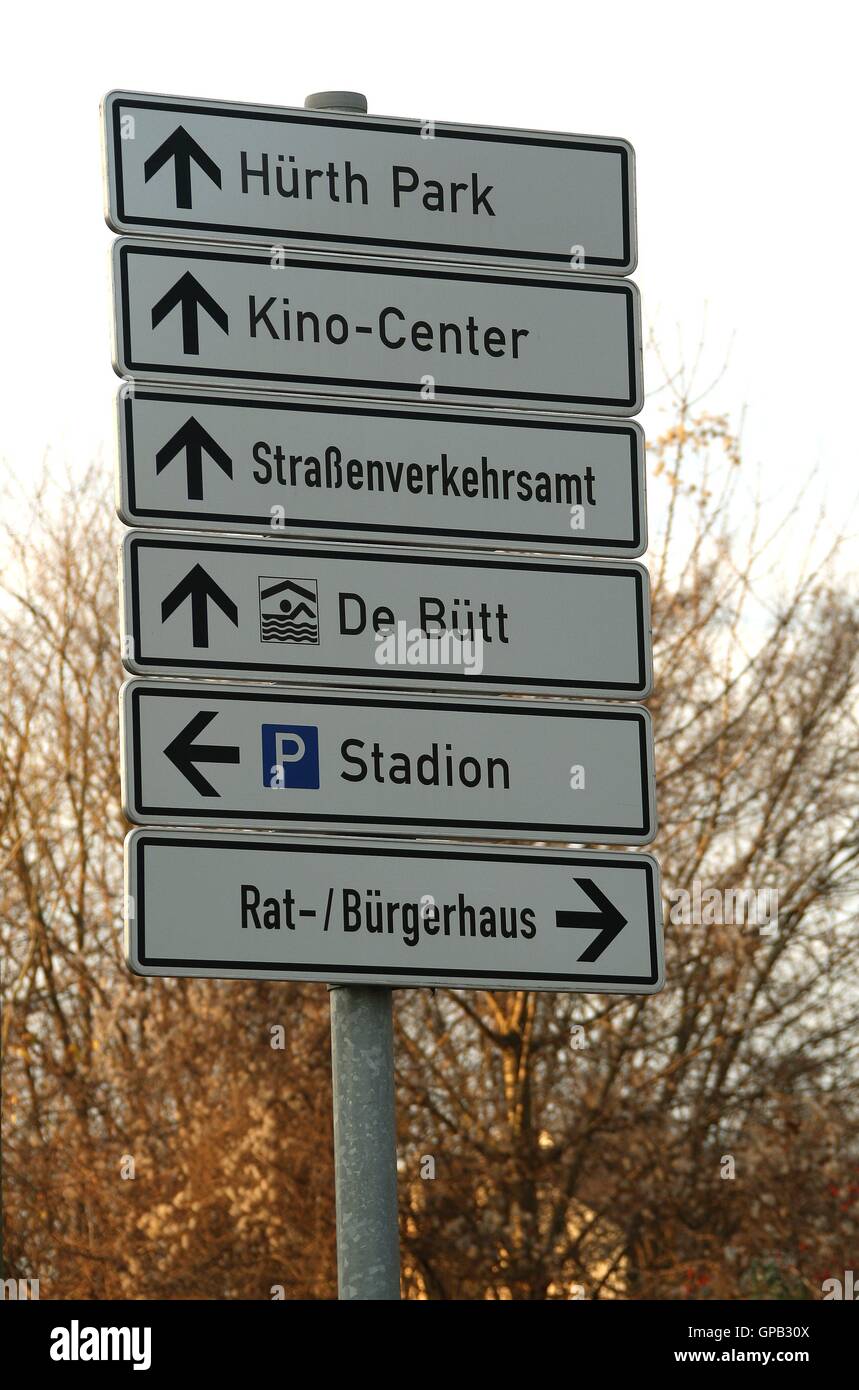 Traffic information sign showing the direction of the shopping precinct ...