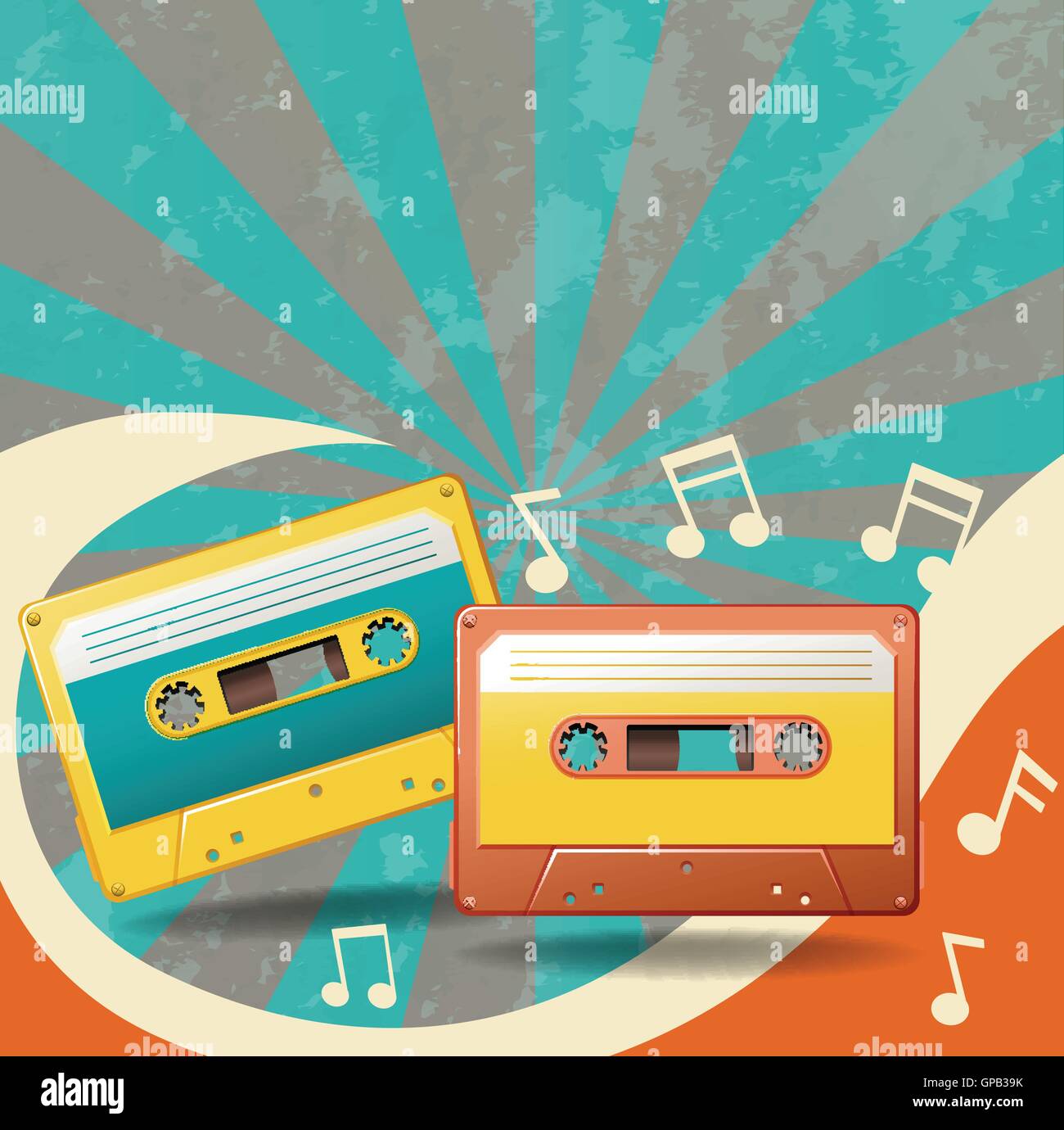 Two vintage tape cassettes and music notes illustration Stock Vector ...