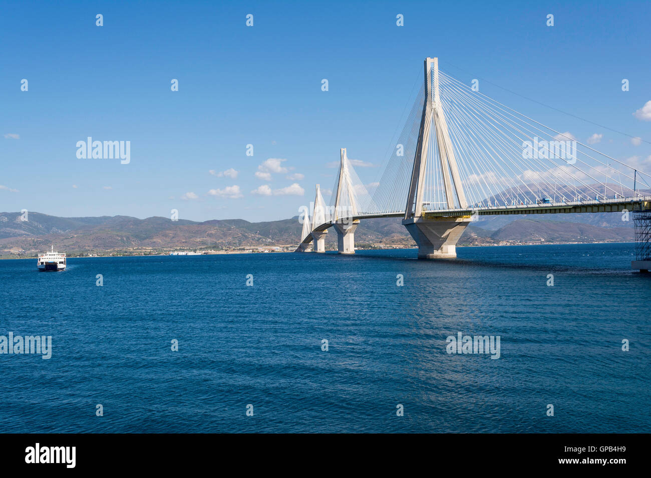 Cable-stayed suspension bridge crossing Corinth Gulf strait, Greece. It ...