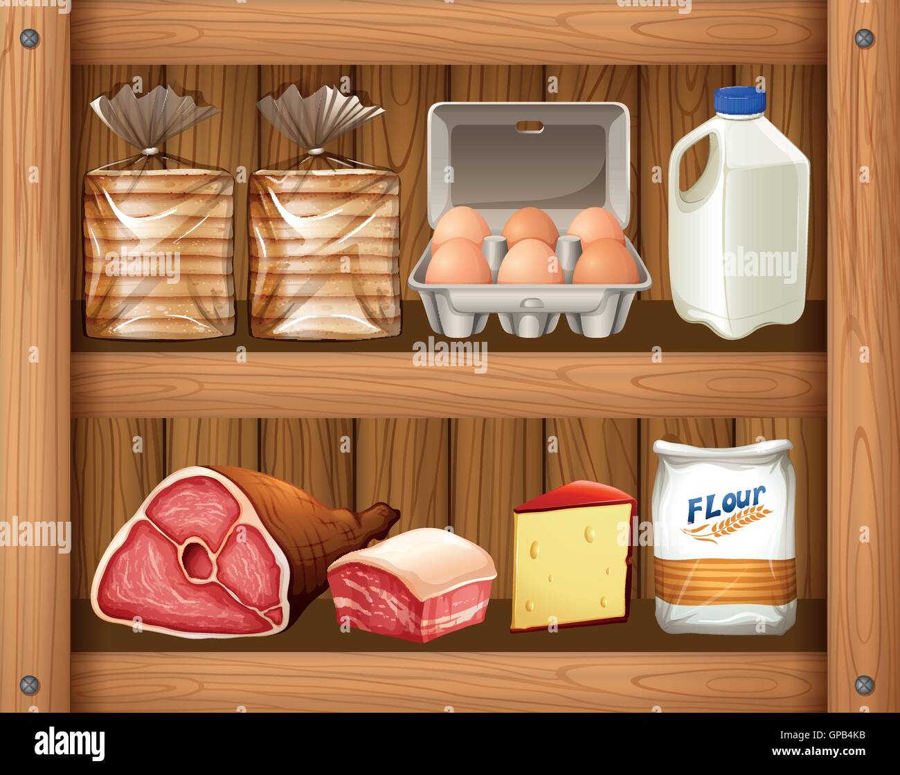 Different kinds of food on wooden shelf illustration Stock Vector Image ...