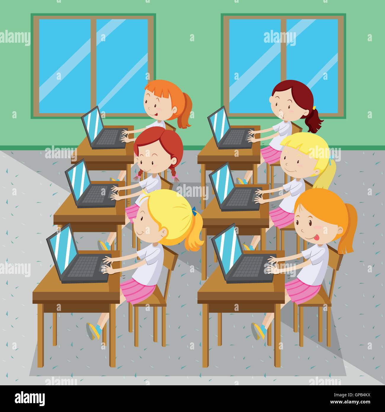 Six girls typing on computers illustration Stock Vector Image & Art - Alamy