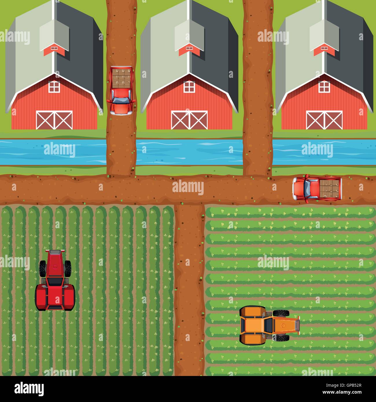 Aerial scene of farmland with crops and barns illustration Stock Vector ...