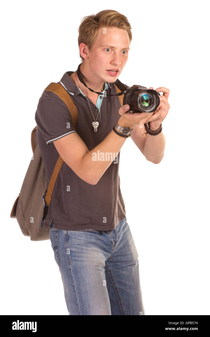 Closeup portrait of a young man taking a picture from corner over white ...
