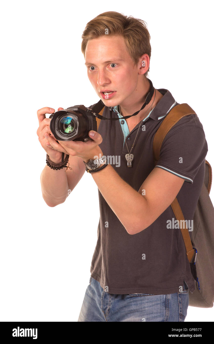 Closeup portrait of a young man taking a picture from corner over white ...