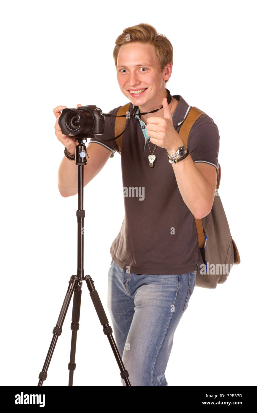 Closeup portrait of a young man taking a picture from corner over white ...