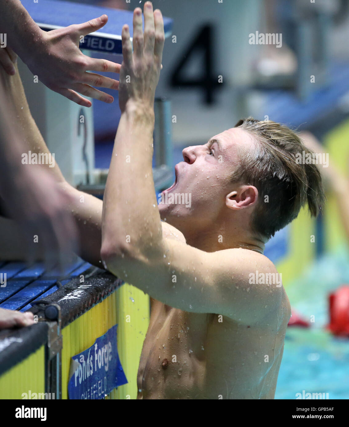 Ireland's Robbie Powell celebrates winning the Men's 400m Frestyle Team ...