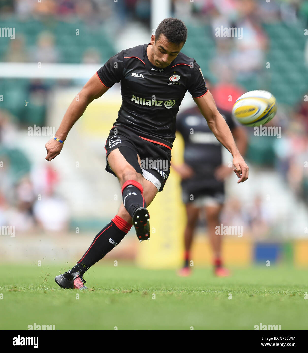 Saracens' Alex Lozowski kicks their first penalty during the Aviva ...