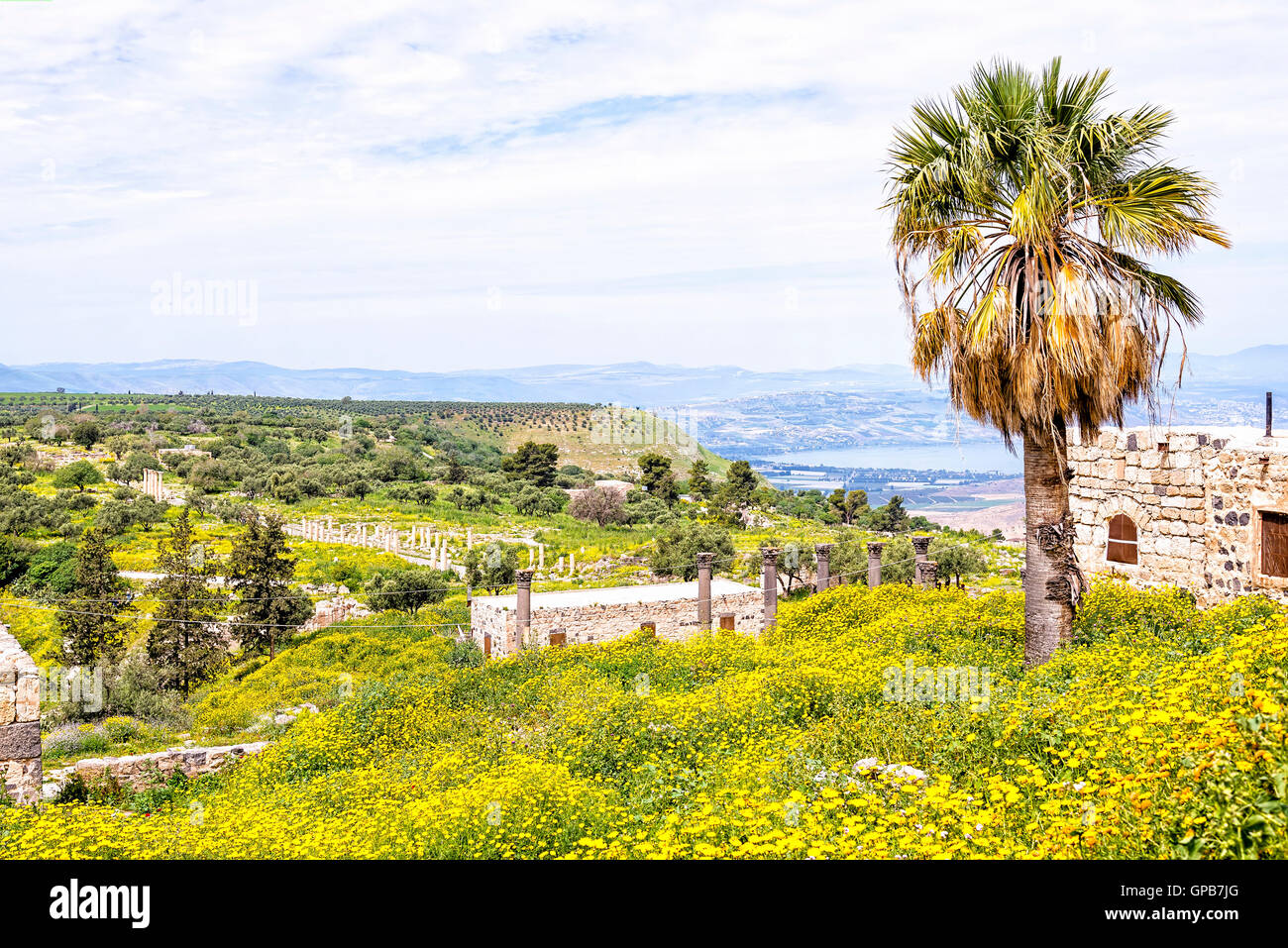 Scenic view from Gadara ruins hilltop in Jordan. The site of the ...