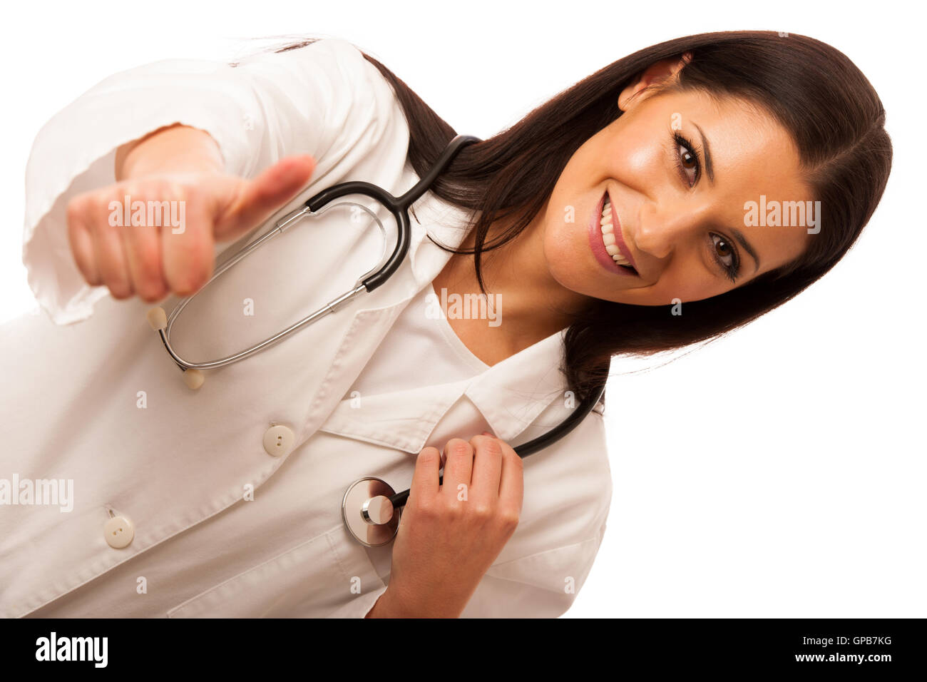 Woman doctor in uniform with stethoscope around neck showing thumb up ...