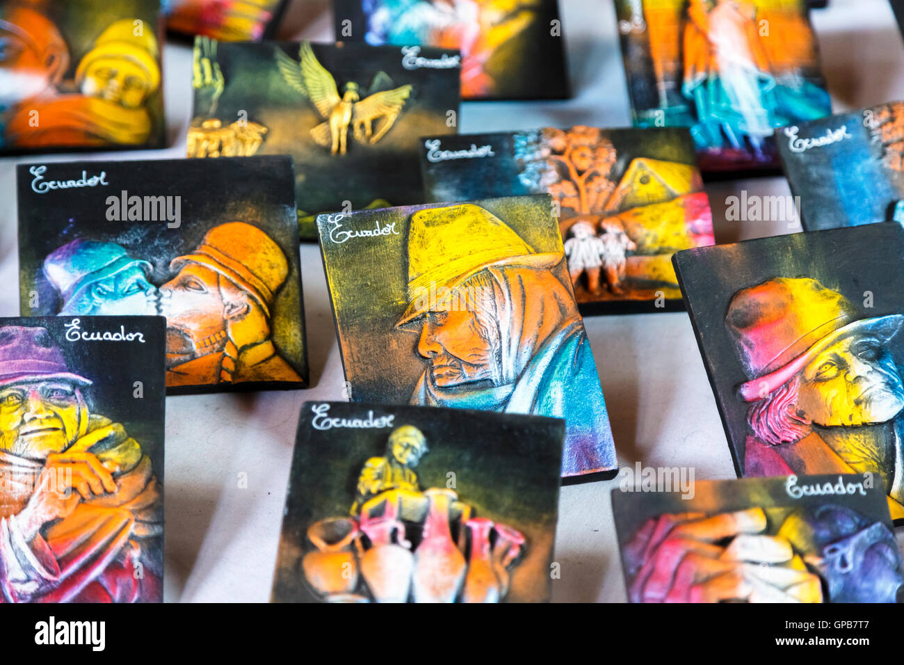 Colourful painted tiles, typical local souvenirs displayed in Guayaquil ...