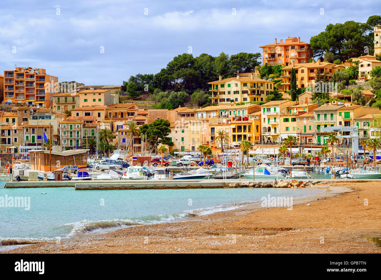 Mediterranean beach in the marina of Port Soller, Mallorca, Spain Stock ...