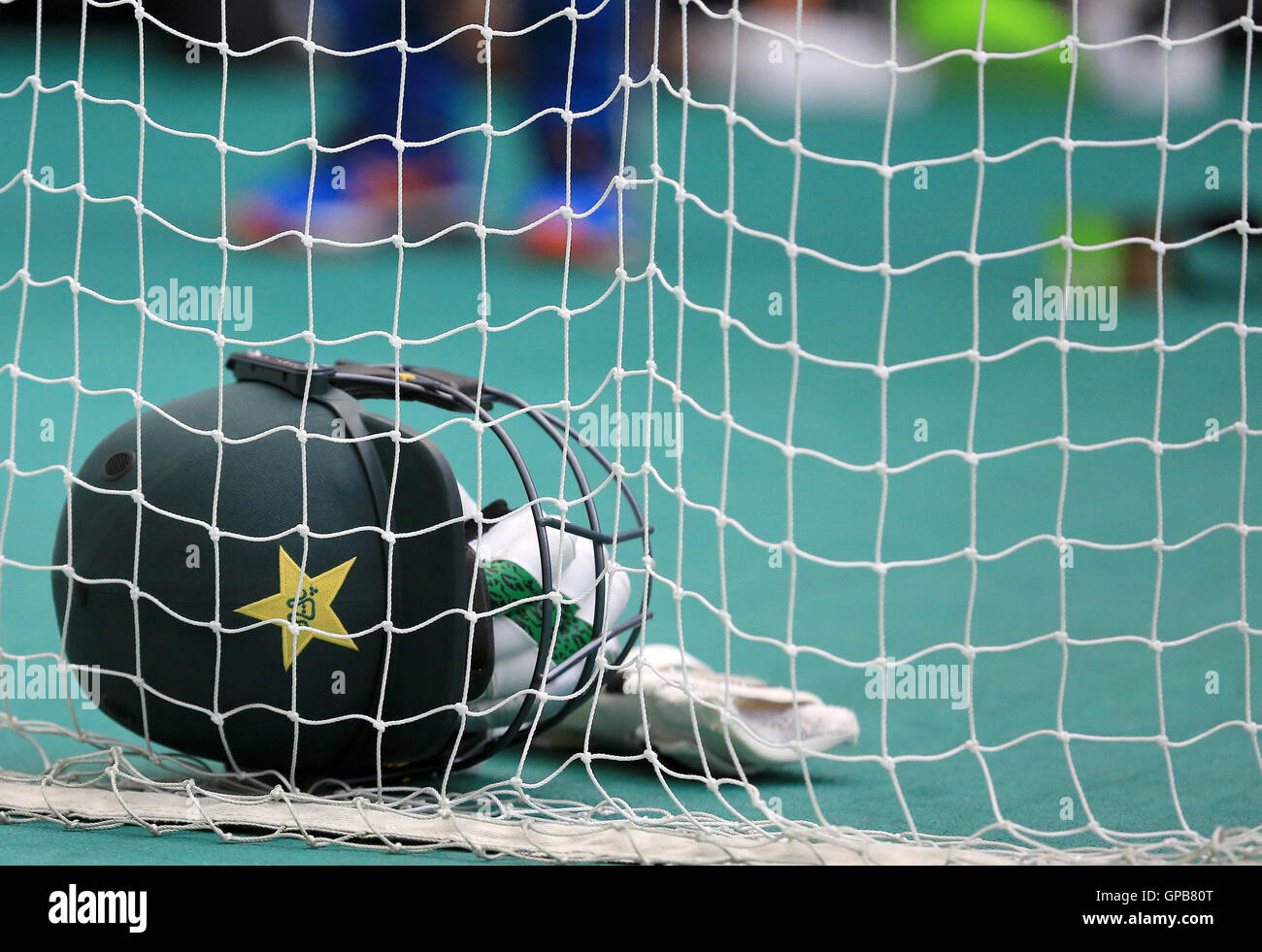 A Pakistan helmet lies in the nets during a nets session at the SSE ...