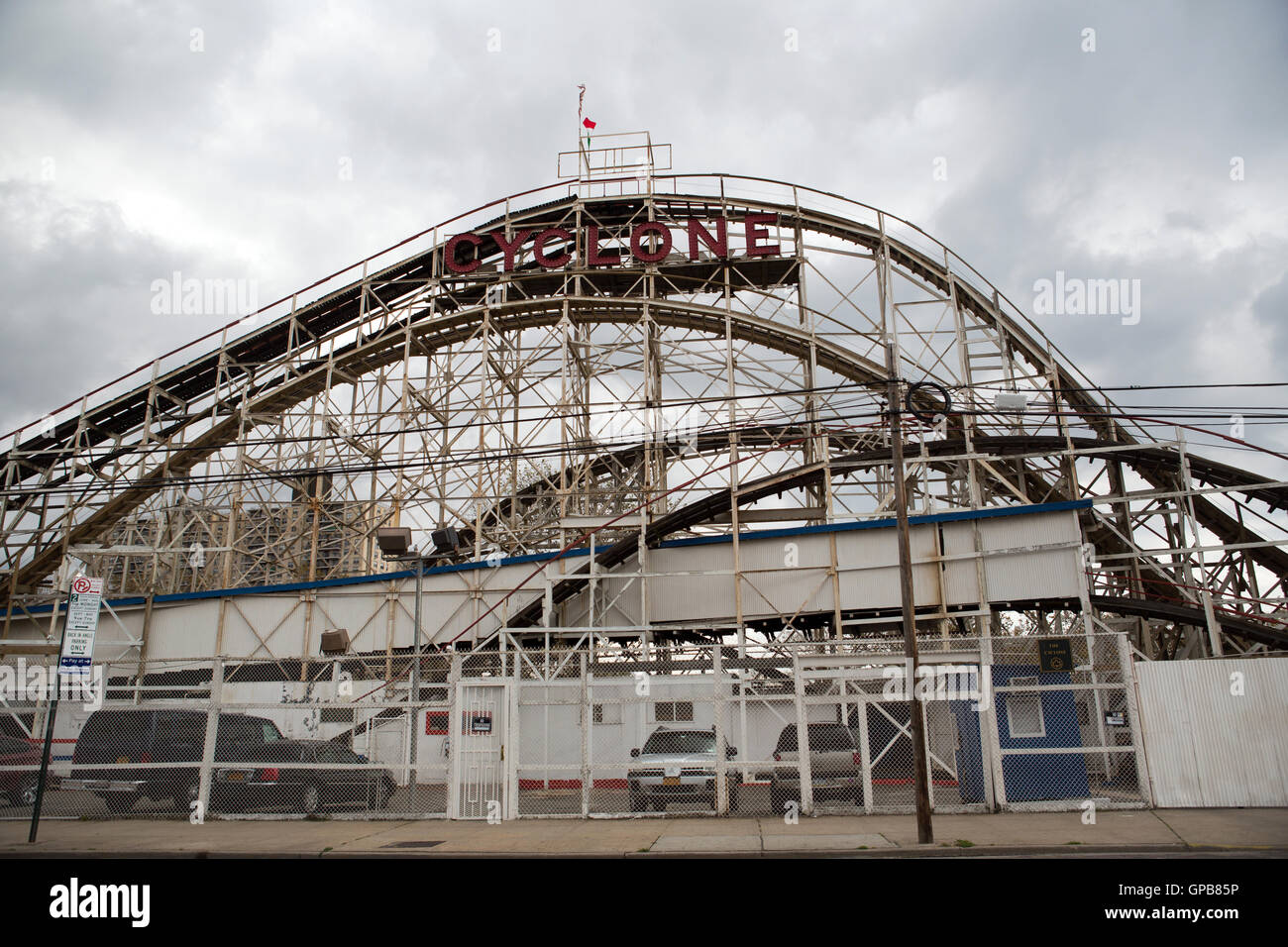 Cyclone wooden roller coaster in the amusement park in the Coney Island ...